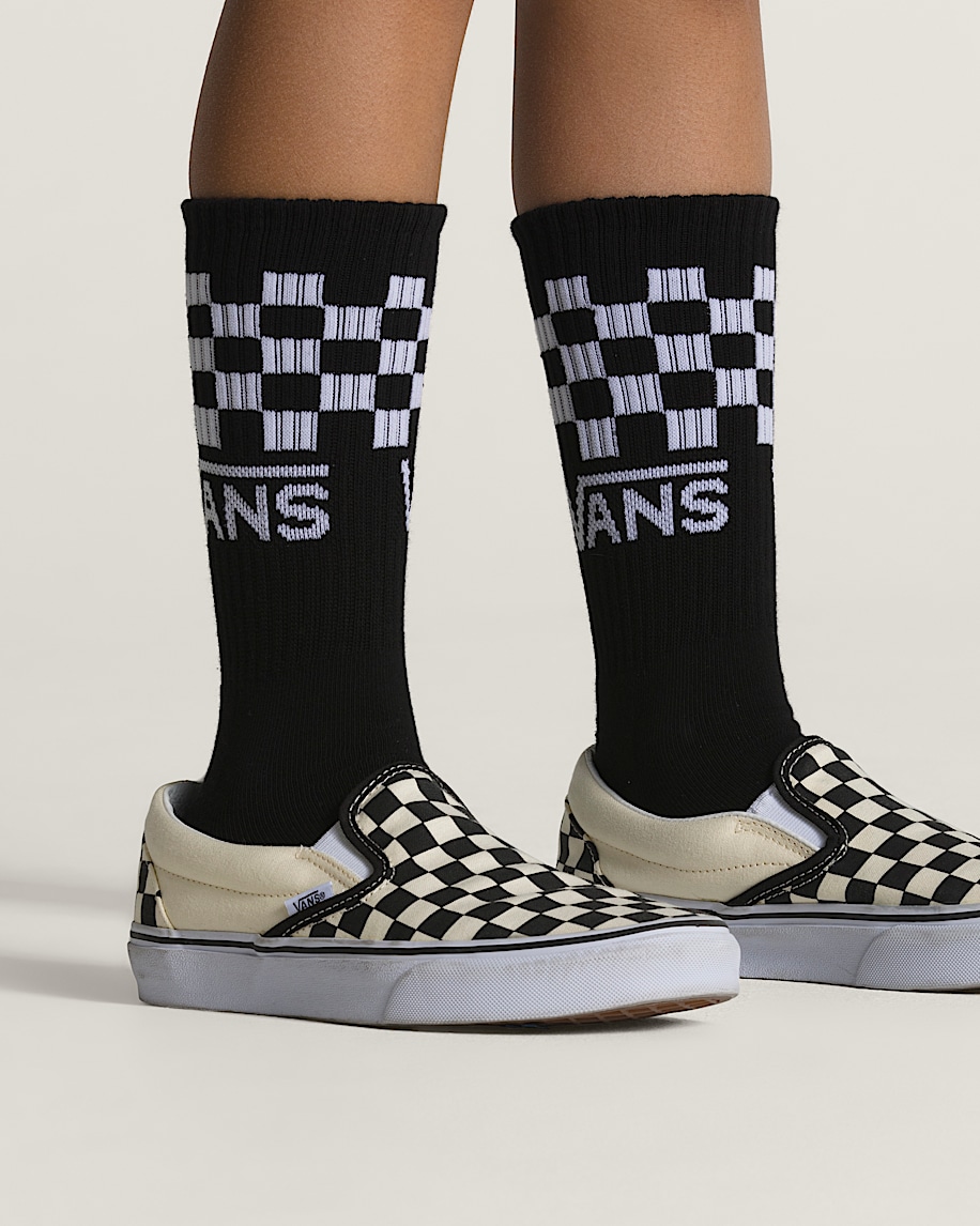 Kids Checkerboard Crew Socks 3-Pack en White / Black / Grey | Vans CA