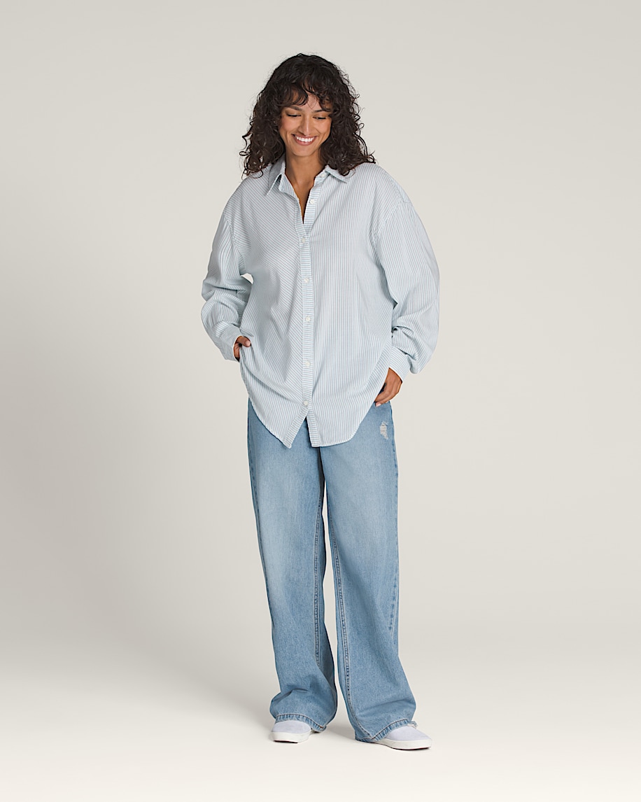 Gillian Striped Button Up Shirt in White / Crystal Blue | Vans