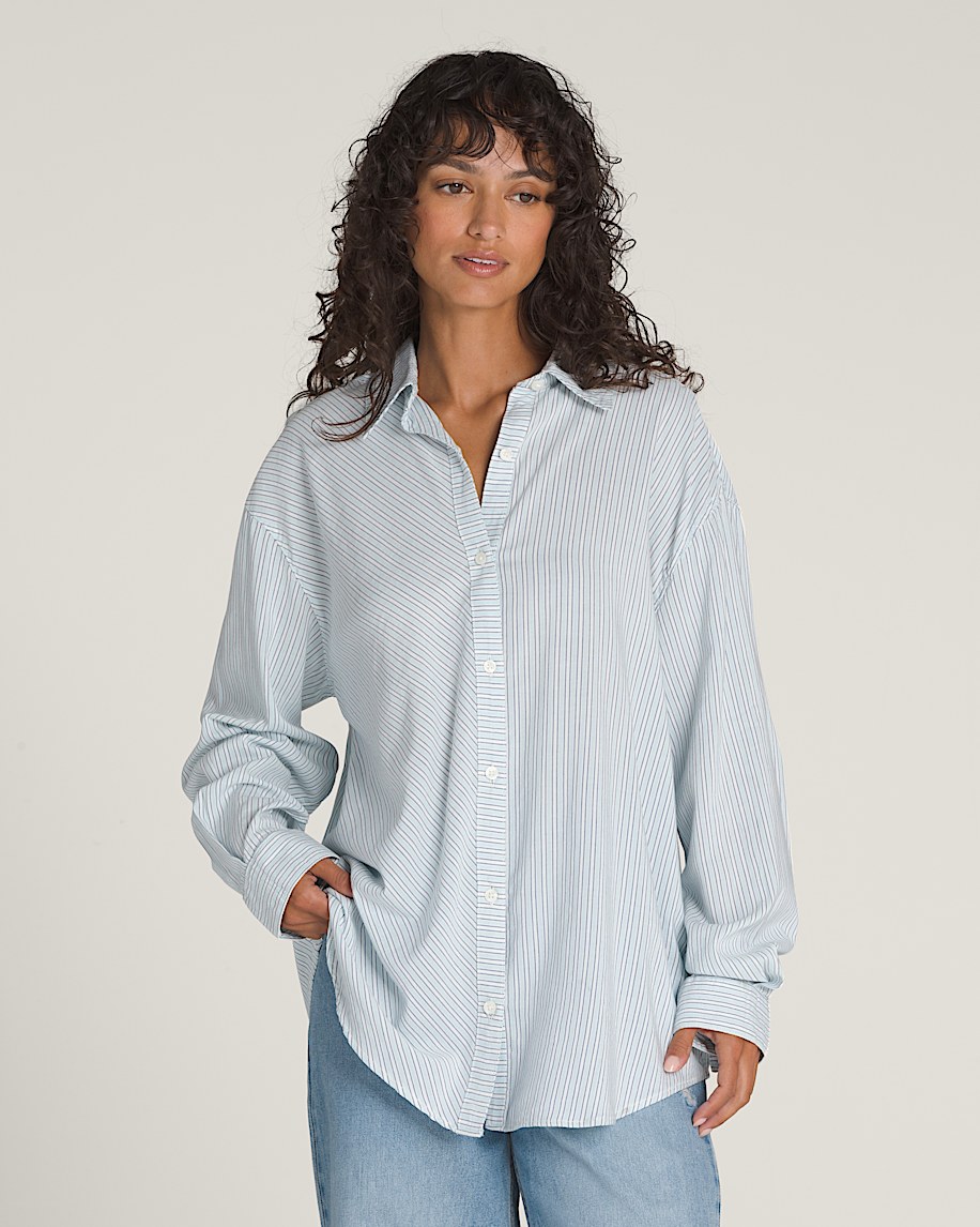 Gillian Striped Button Up Shirt in White / Crystal Blue | Vans