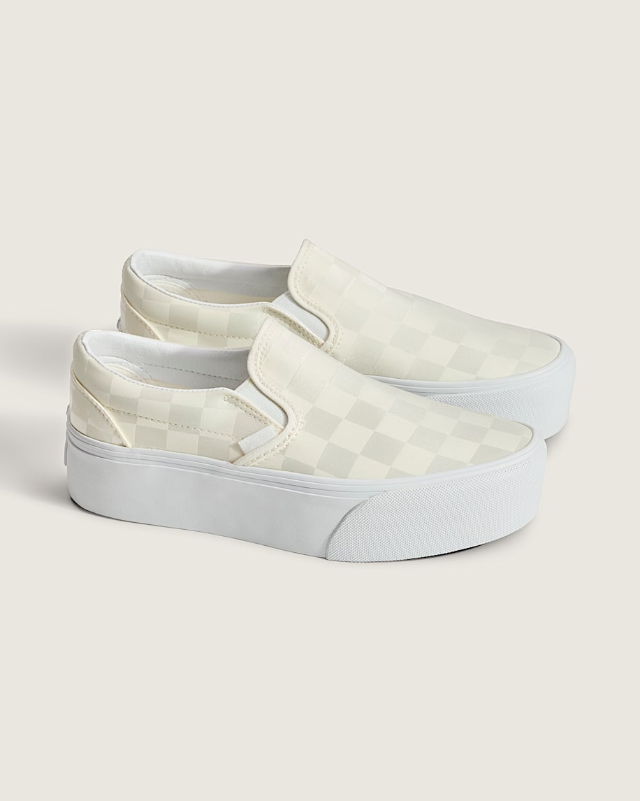 Classic Slip-On Stackform Checkerboard Satin Shoe in White | Vans